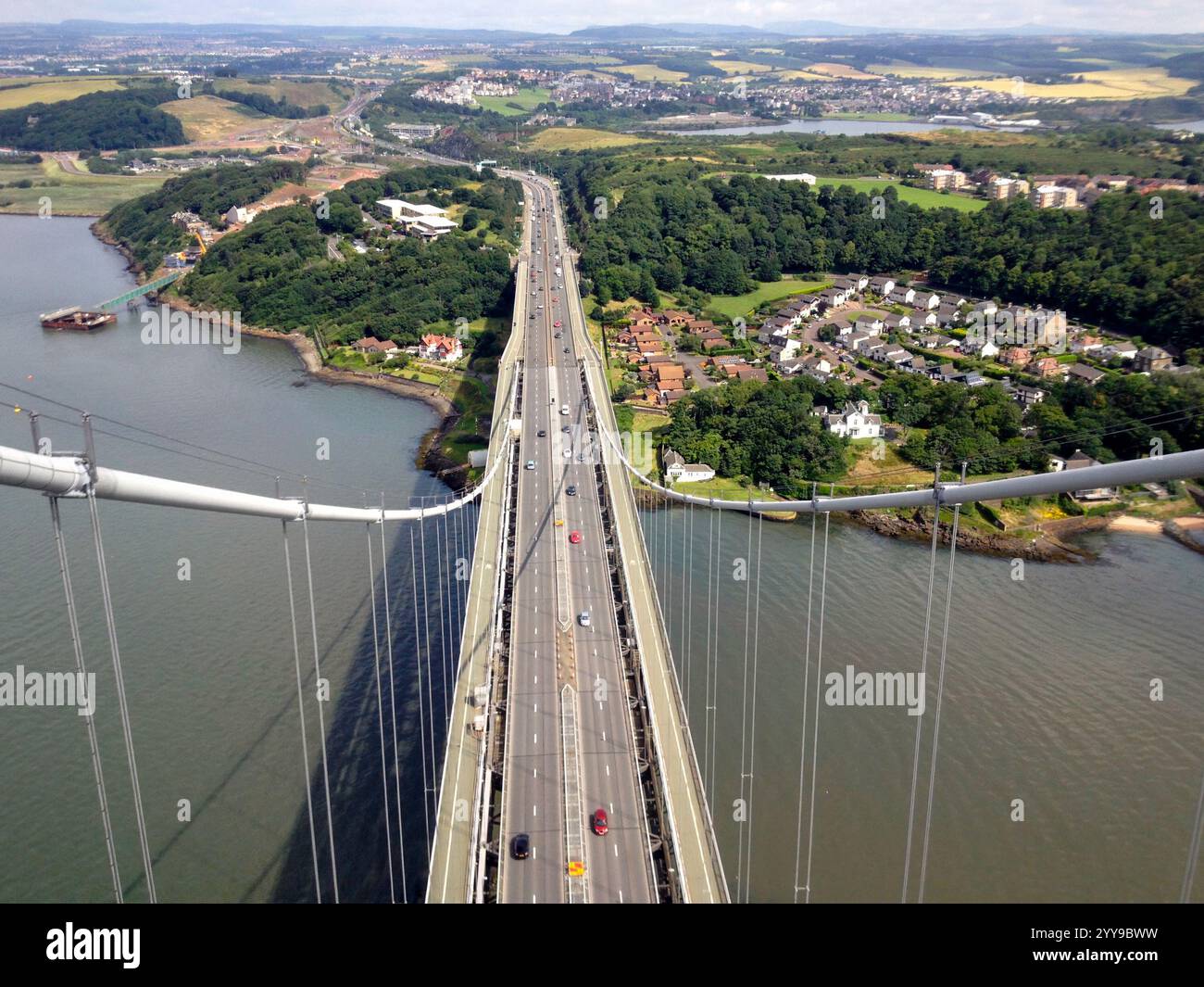 View from top of Forth Road Bridge to the deck with vehicles and ...