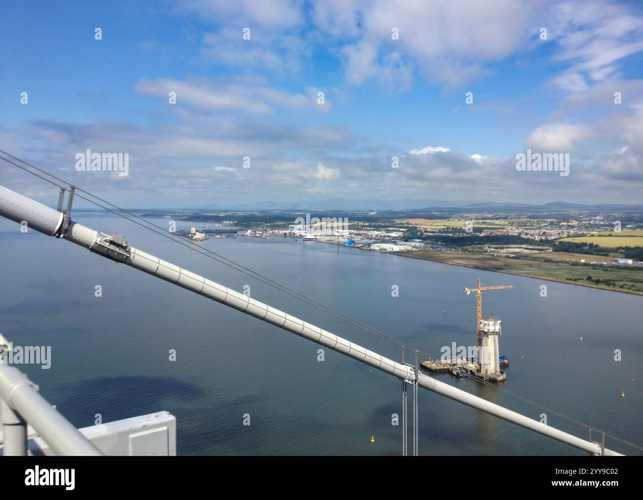 View from top of Forth Road Bridge to Queensferry Crossing bridge tower ...