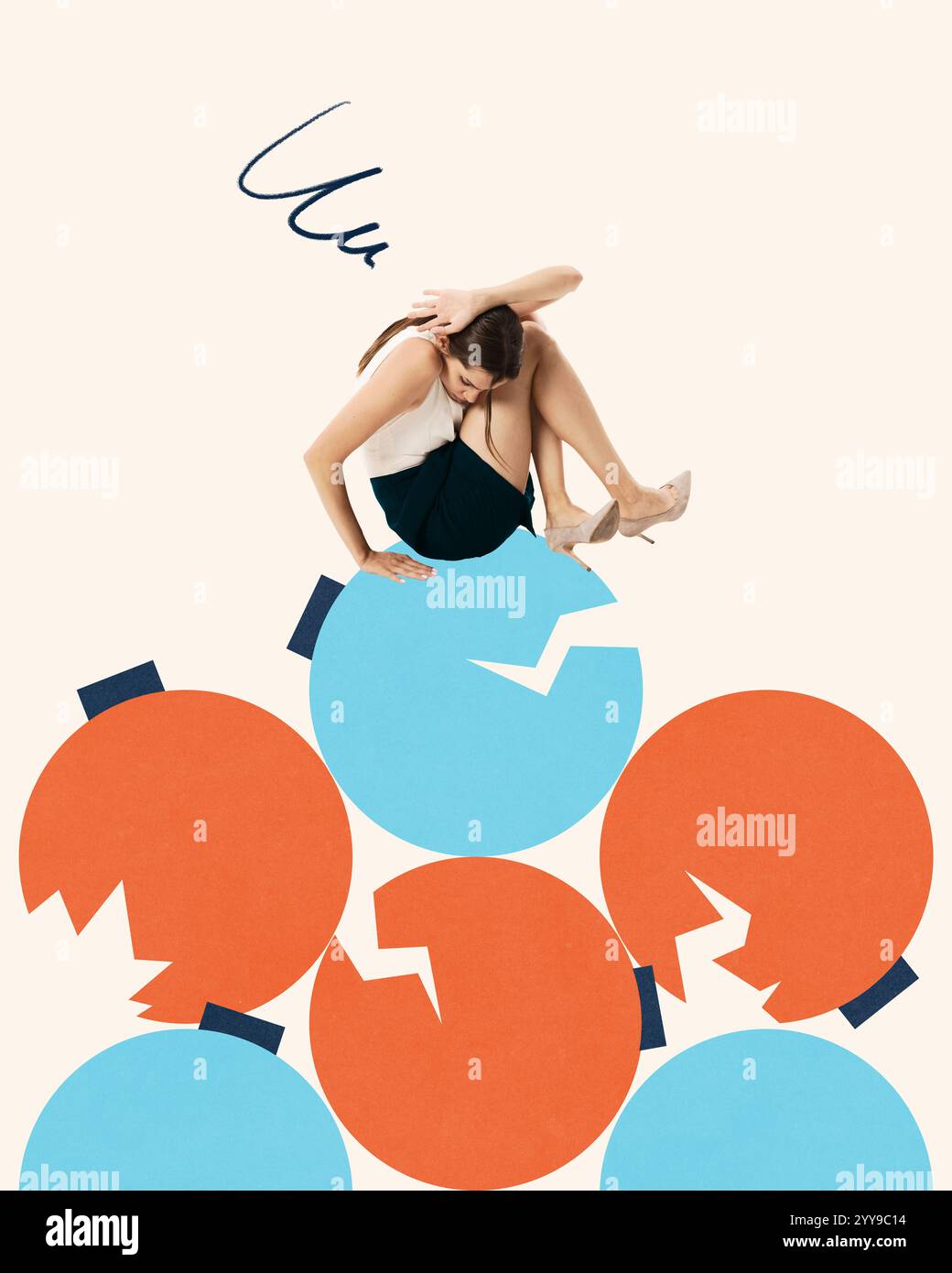 Contemporary art collage. Woman balancing on cracked spheres ...