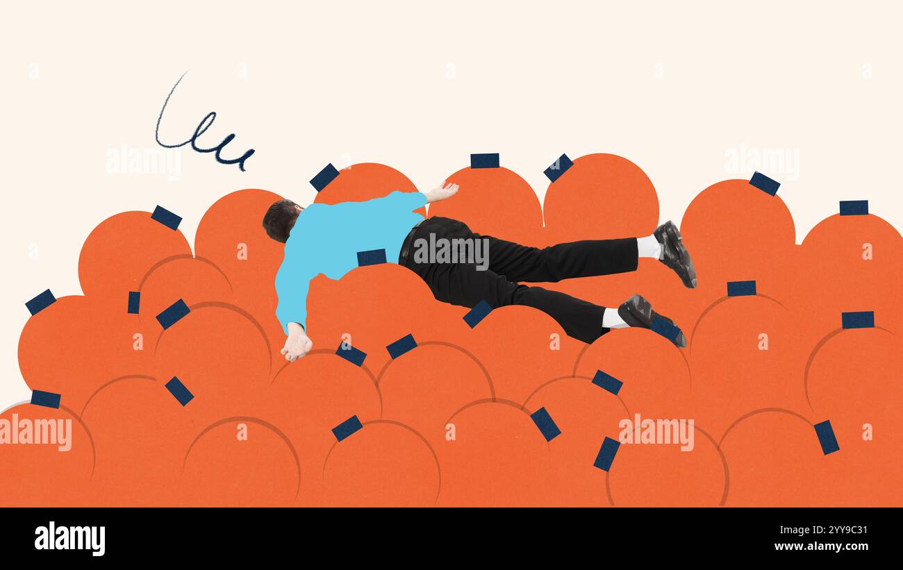 Contemporary art collage. Man lying on orange circles, depicting ...