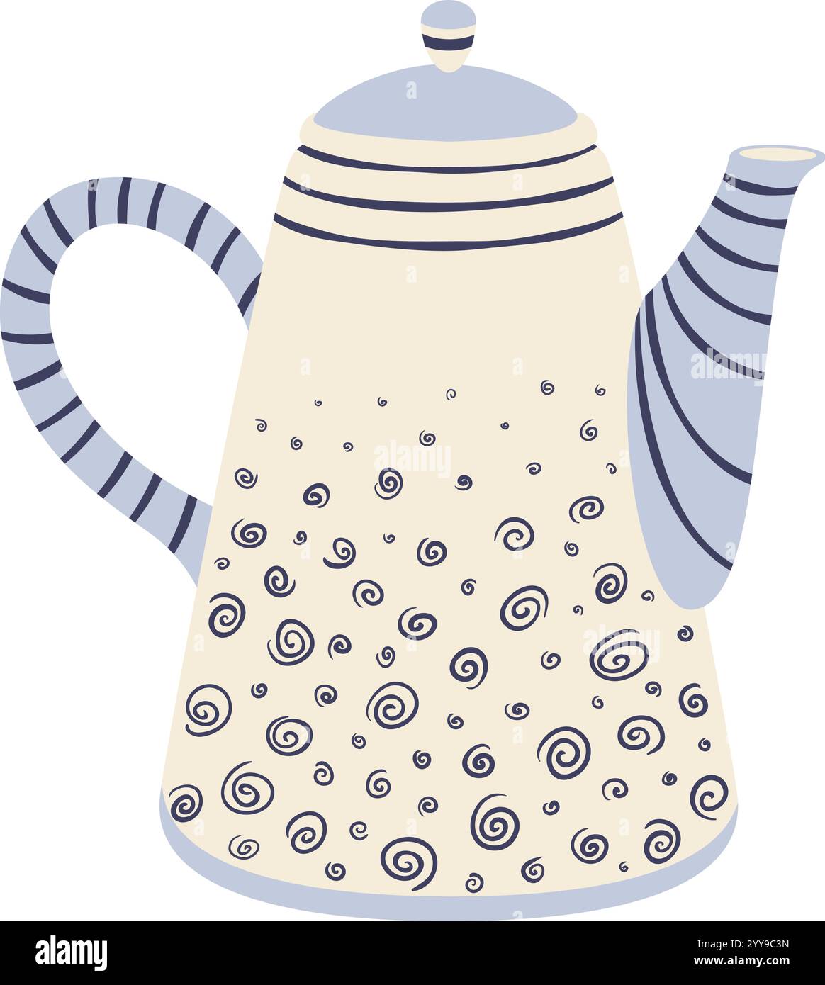 Cream colored teapot with a unique spiral pattern and striped handle ...