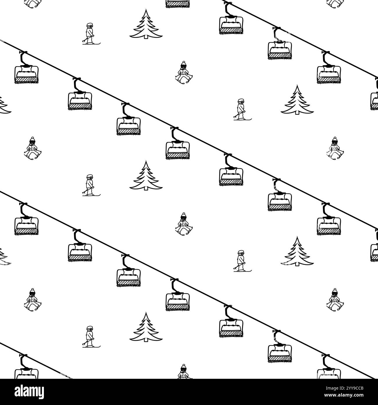 Ski Resort Seamless Pattern with Skiers and pine trees. Mountain lift ...