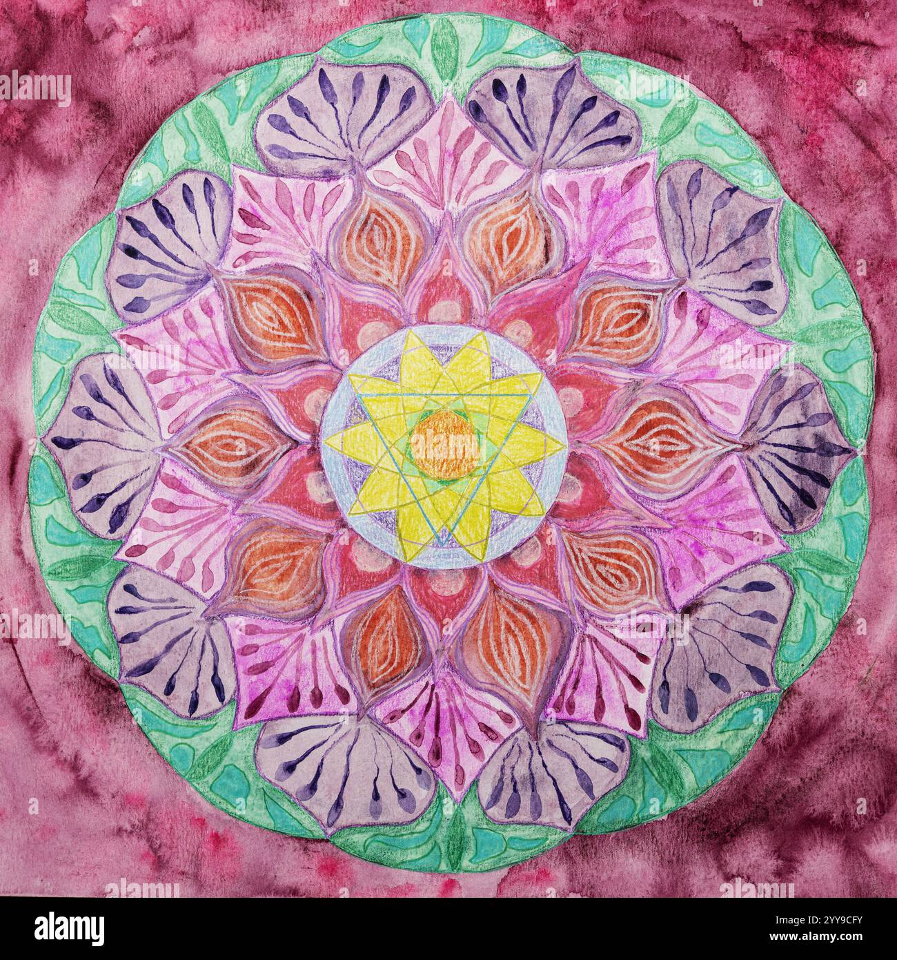 Root chakra mandala, red painting. The dabbing technique near the edges ...