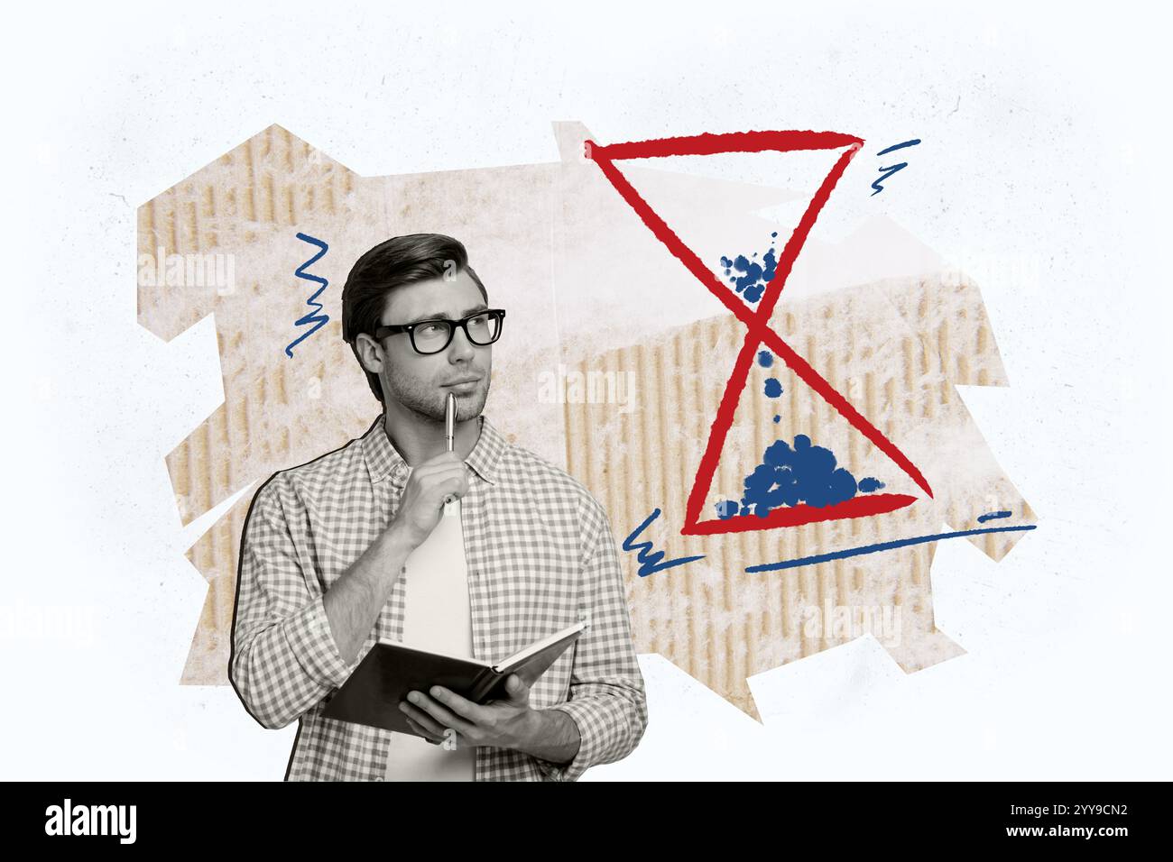 Creative collage young thoughtful man decide unsure doubts sandwatch ...