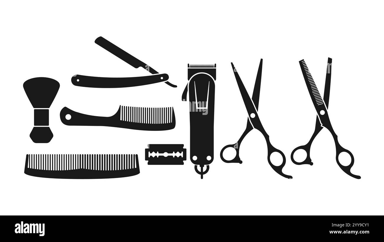 Barbershop tools and equipment icon set, beard or mustache shave and ...