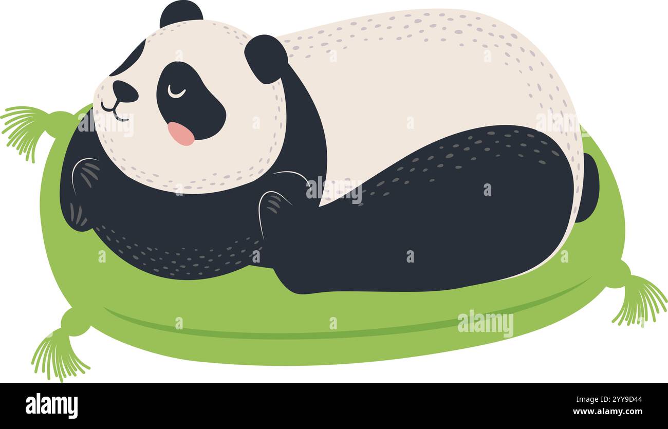 Adorable panda lying on its side on a soft green pillow with decorative ...