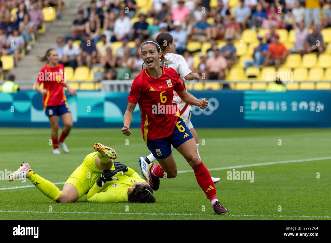 FILE - Spain's Aitana Bonmati celebrates after scoring a goal, during ...