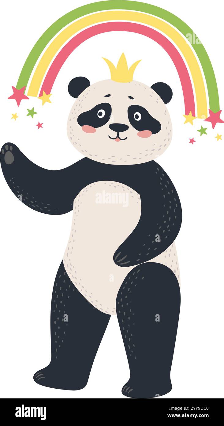 Adorable panda bear wearing golden crown waving paw standing under ...