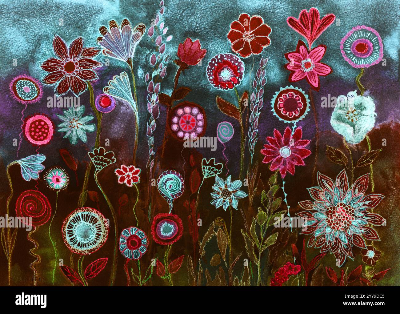 Psychedelic garden with colorful flowers. The dabbing technique near ...