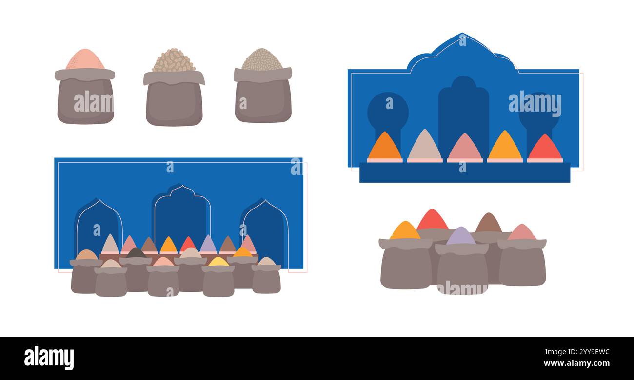 Eastern asian arabic spice market. Oriental bazaar elements vector ...