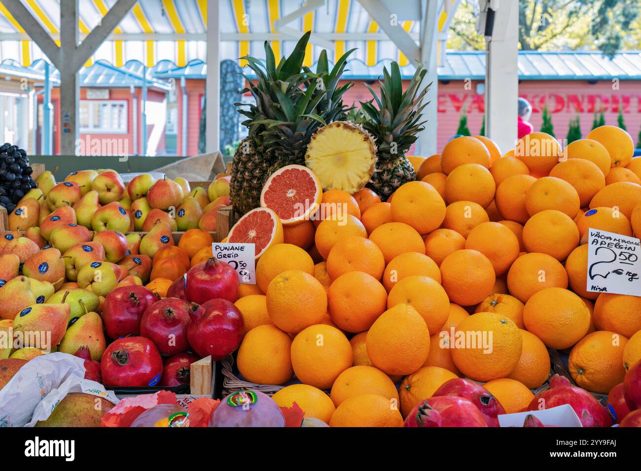 Vibrant Display of Fresh Fruits at an Outdoor Market Stall Stock Photo ...