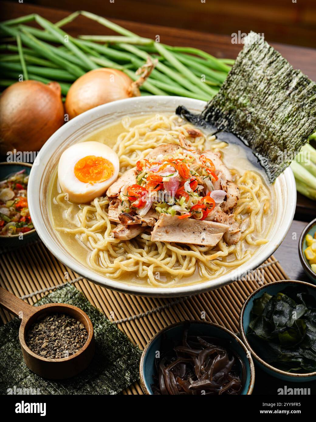 Traditional Japanese ramen served in a rich broth with soft-boiled eggs ...
