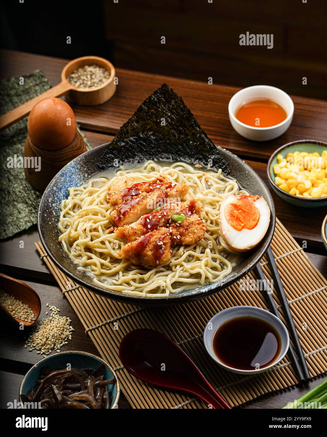 Traditional Japanese ramen served in a rich broth with soft-boiled eggs ...
