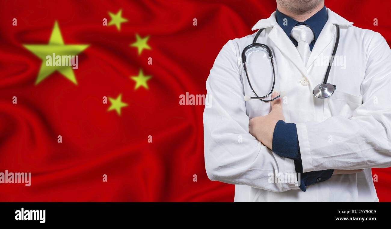 Male doctor with stethoscope on China flag. Doctor holding stethoscope ...