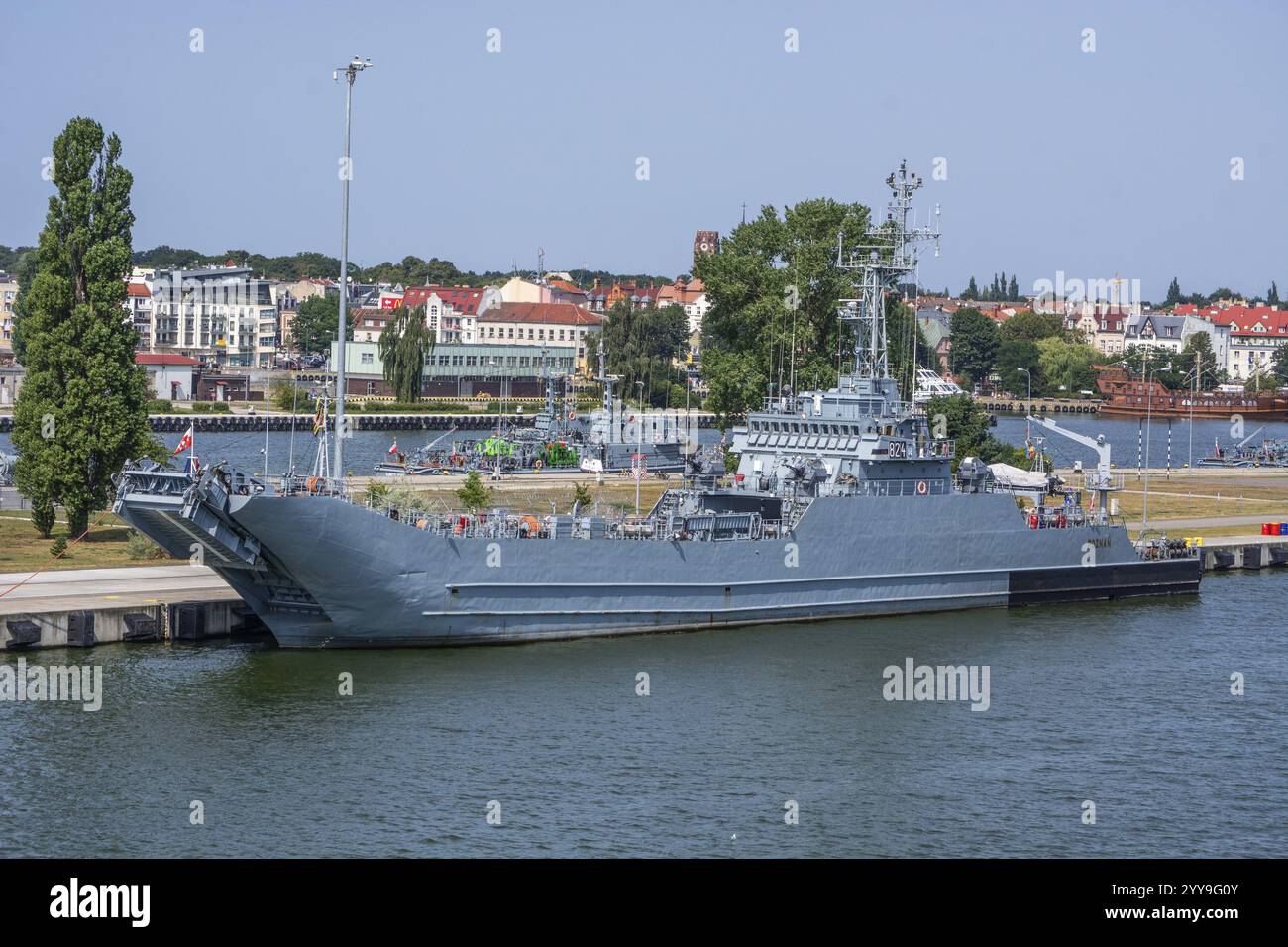 Polish Navy ship, mine laying and landing ship Poznan, at a quay in the ...
