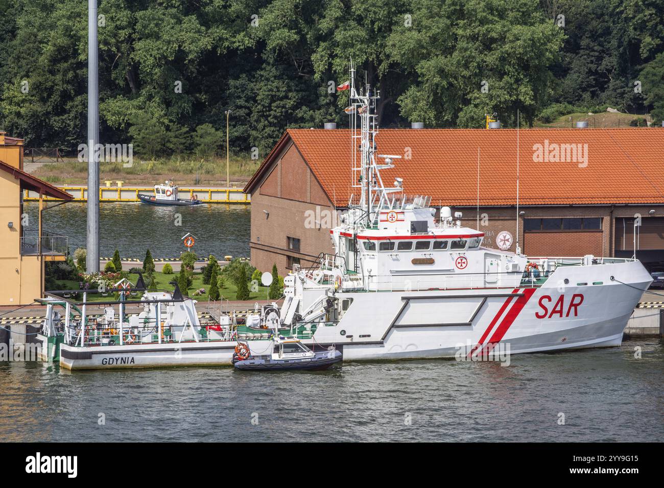 Polish rescue ship SAR Gdynia at a quay in the port of Swinoujscie ...