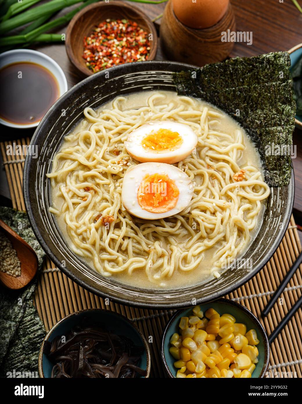Traditional Japanese ramen served in a rich broth with soft-boiled eggs ...