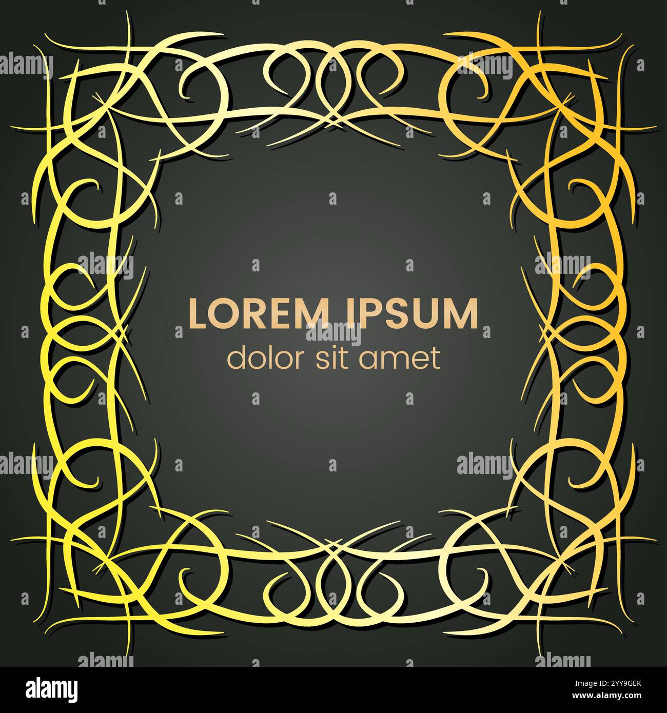 A square golden monogram element on a dark background. Vector ...