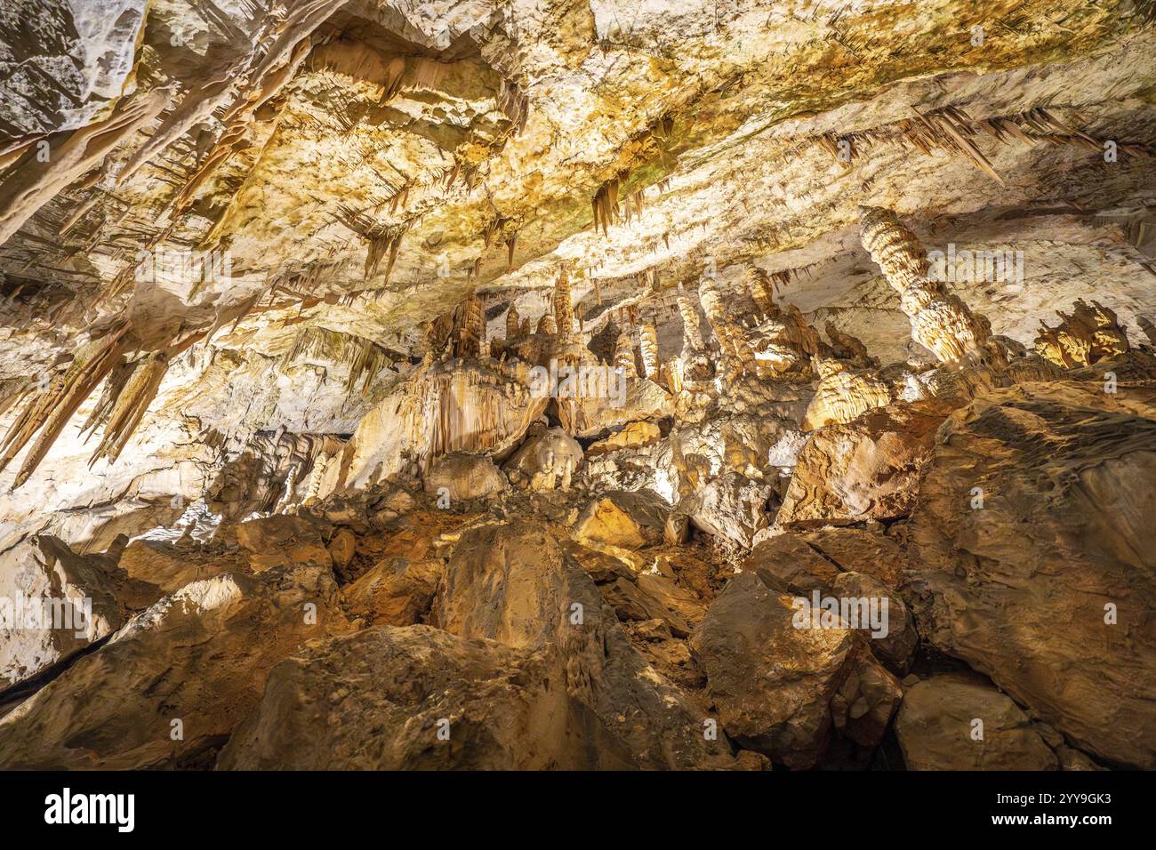 Breathtaking view of illuminated stalactites and stalagmites formations ...