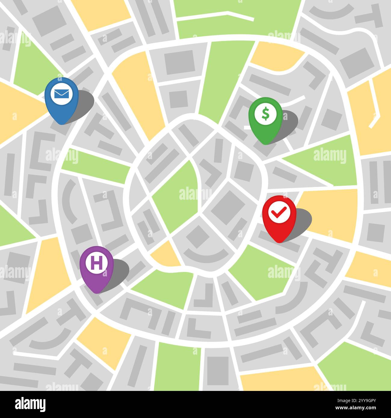 City map of an imaginary city with four pins. Vector illustration Stock ...