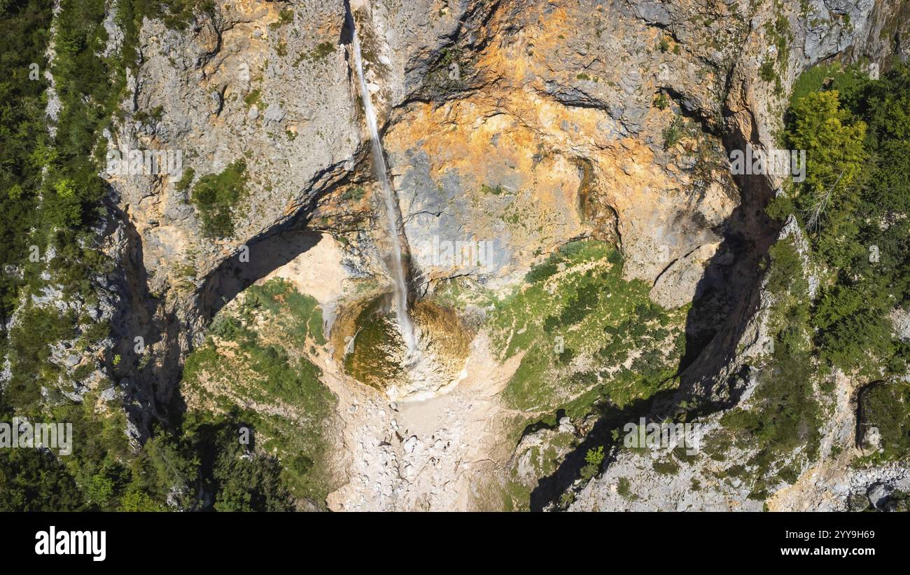 Aerial view capturing rinka waterfall cascading into the scenic ...