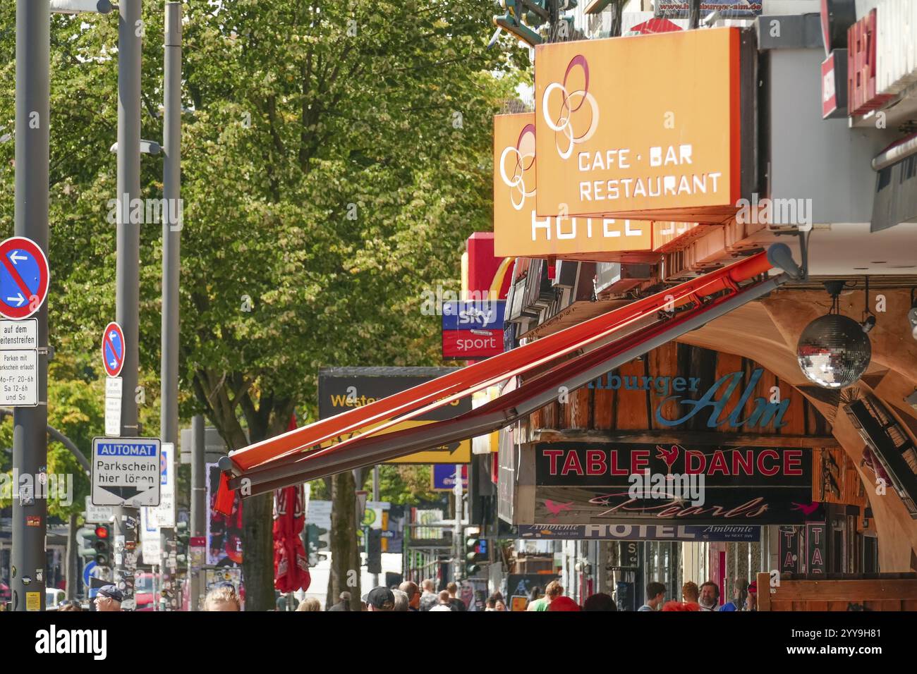 Street scene with signs, Reeperbahn, St. Pauli, Hamburg, Germany ...