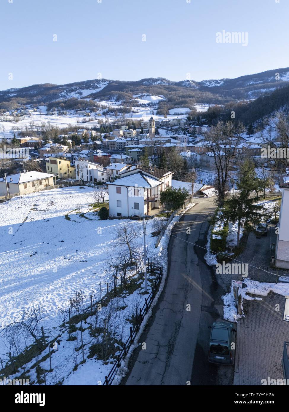 Aerial view capturing Morfasso, a charming village nestled in the ...