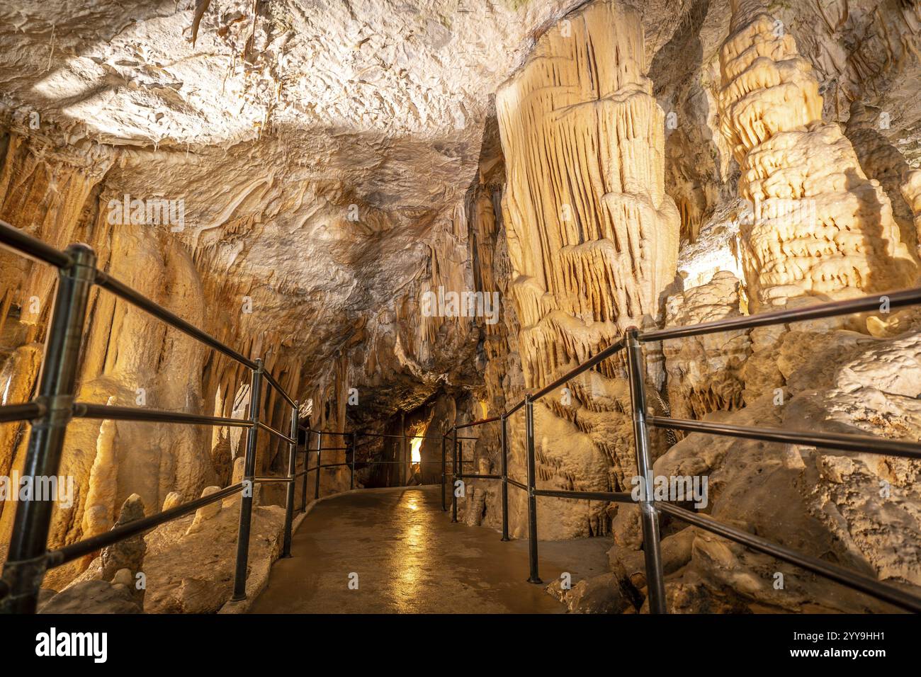 Tourists walking on illuminated pathway, admiring stalactites and ...