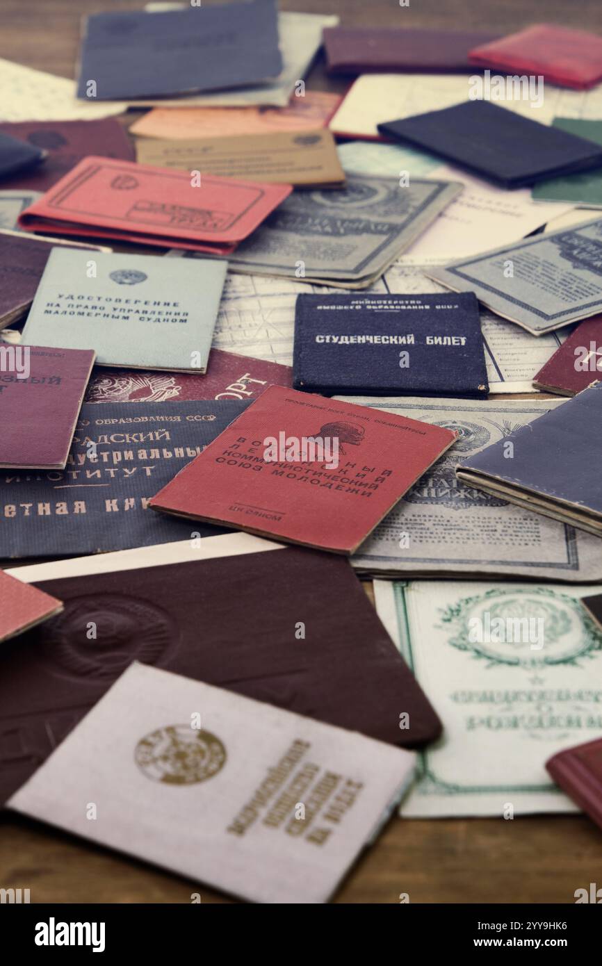 Different personal special documents and certificates of soviet man in ...