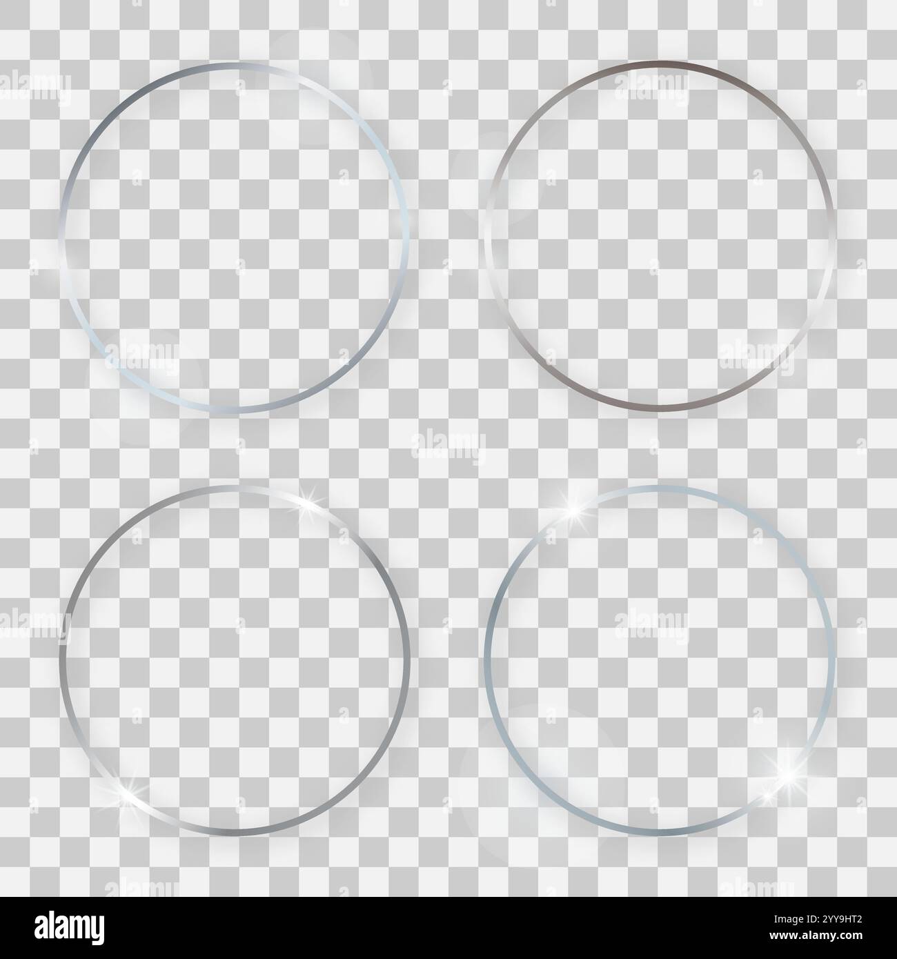 Set of four silver shiny round frames with glowing effects and shadows ...
