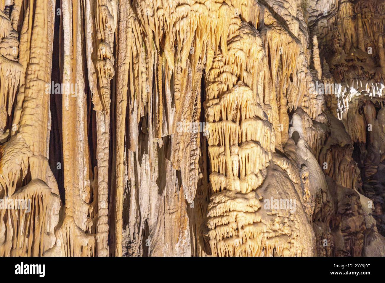 Breathtaking view of illuminated stalactites and stalagmites formations ...