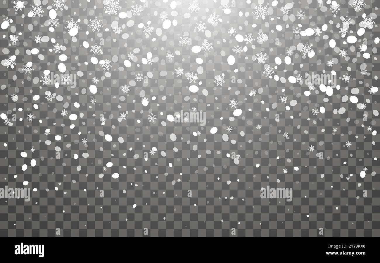 Snowfall and falling snowflakes on dark transparent background. White ...