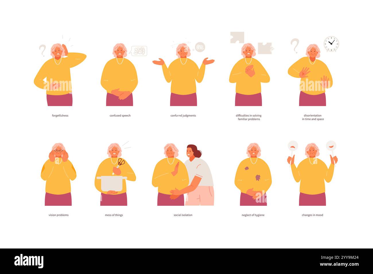 Elderly woman with symptoms of Alzheimer's disease. Memory loss, senile dementia vector ...