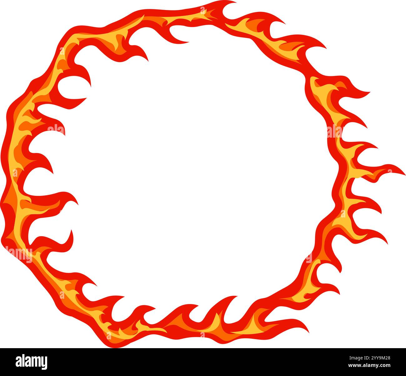 Bright orange and red stylized flames create a burning circular frame ...