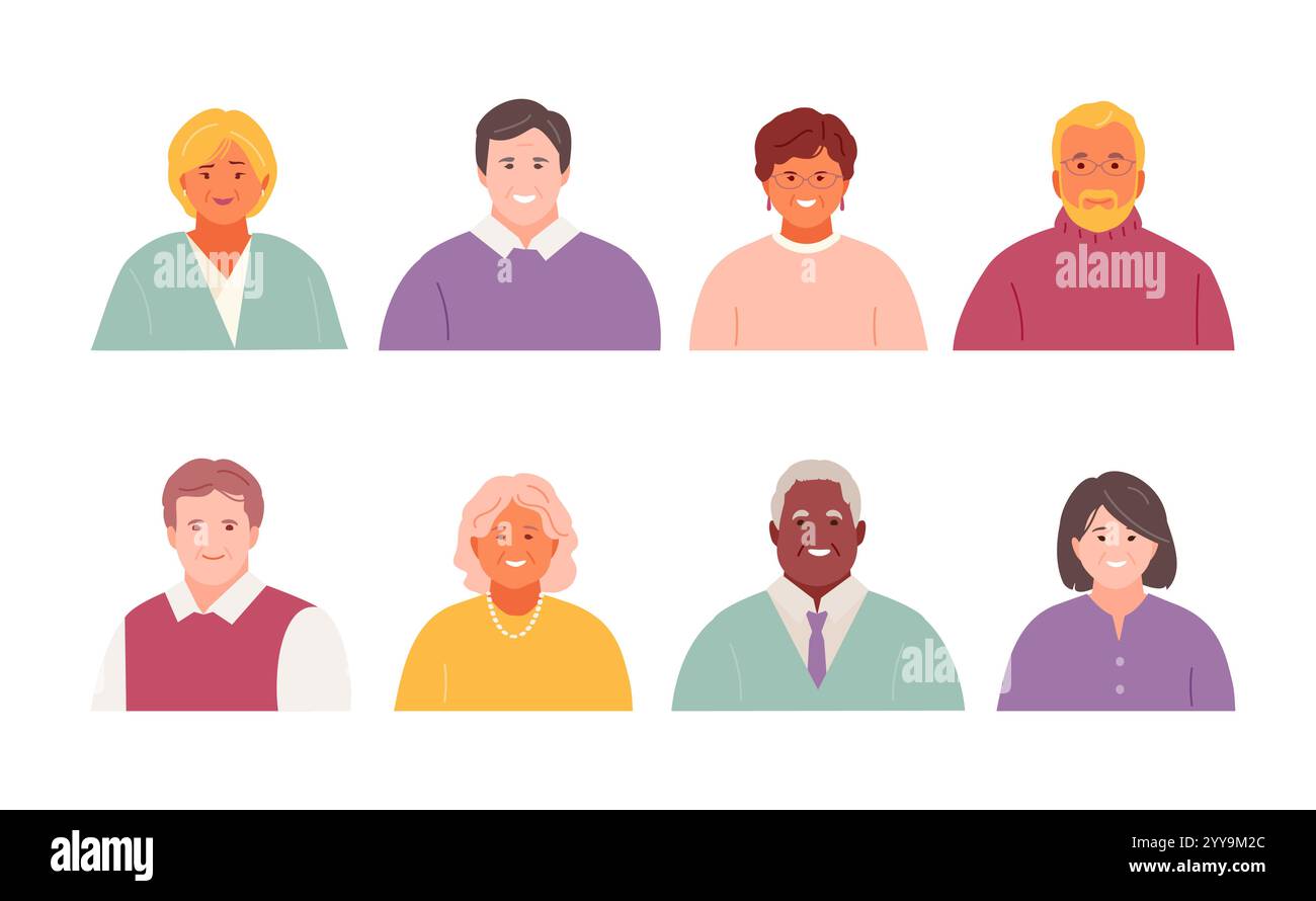 Portraits set of middle-aged and elderly people of different ...