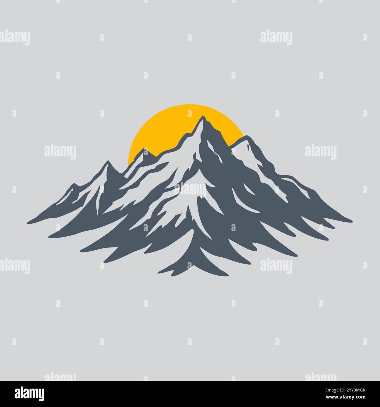 Stylized mountains with a vibrant yellow sun rising behind the ...