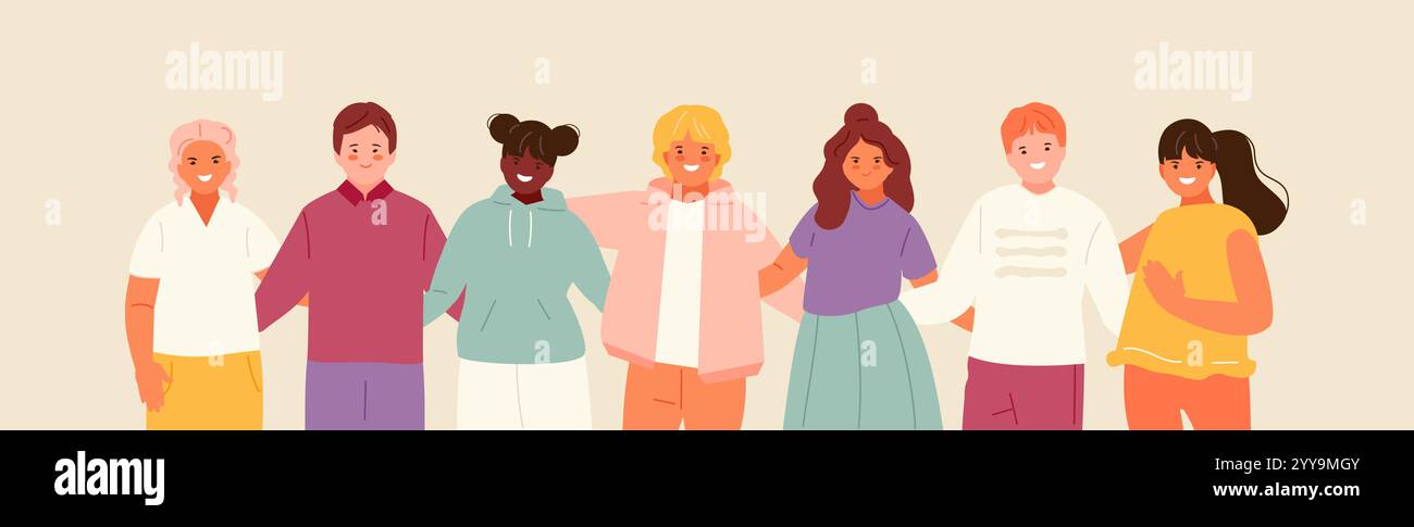 Multiethnic group of smiling hugging kids. Children unity and ...