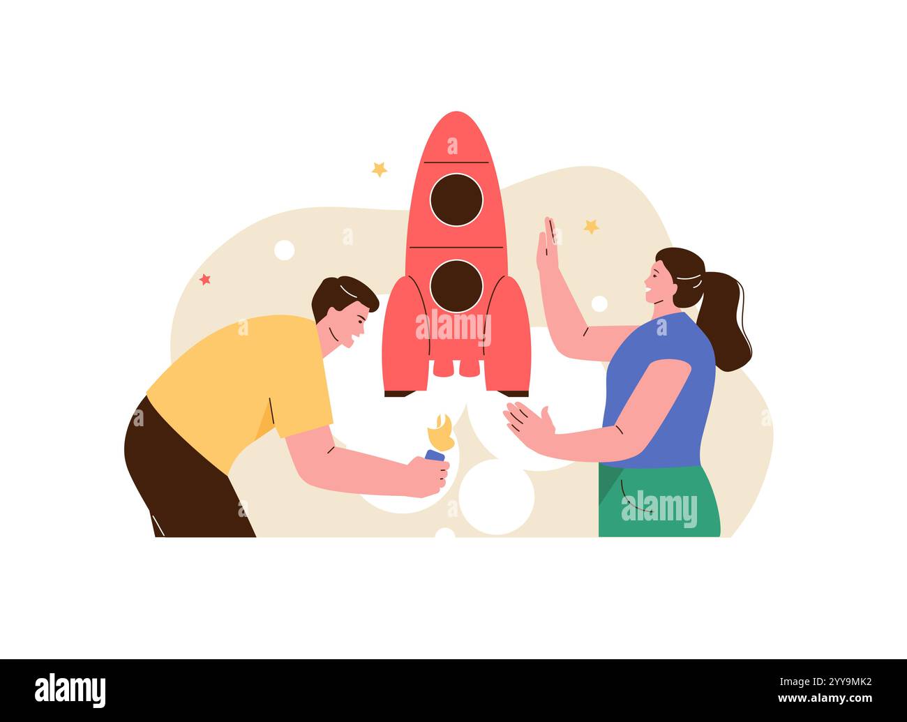 Happy people team ignite the rocket. Startup launch business concept ...