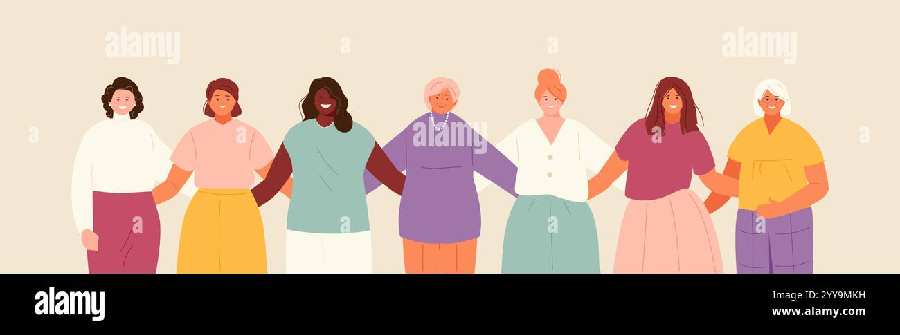 Hugging group of women of different nationalities and ages. Female ...