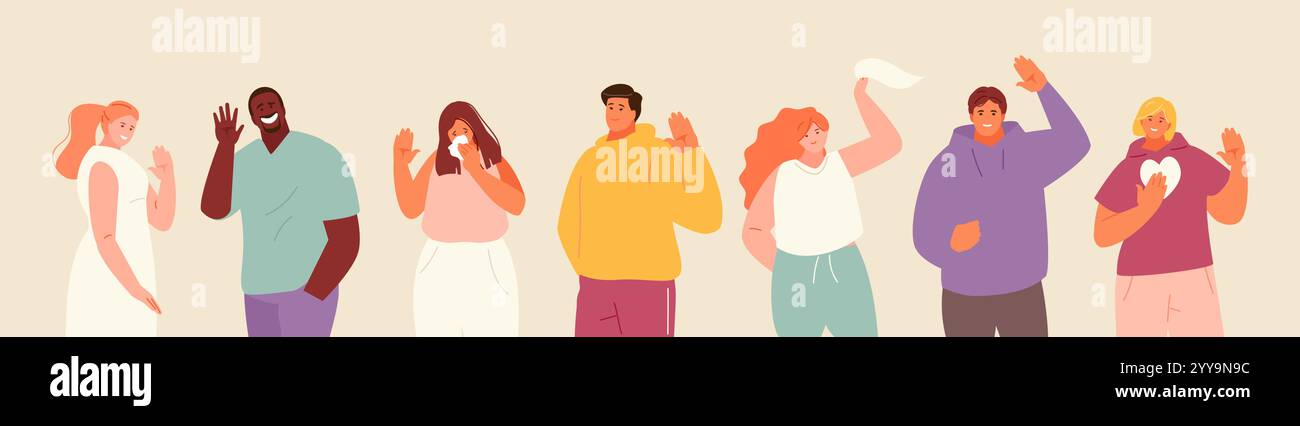 Saying goodbye people group waving their hands. Goodbye or greeting ...