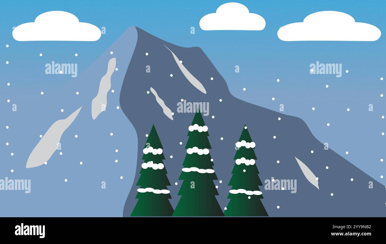cold winter weather illustration with trees mountain and clouds ...