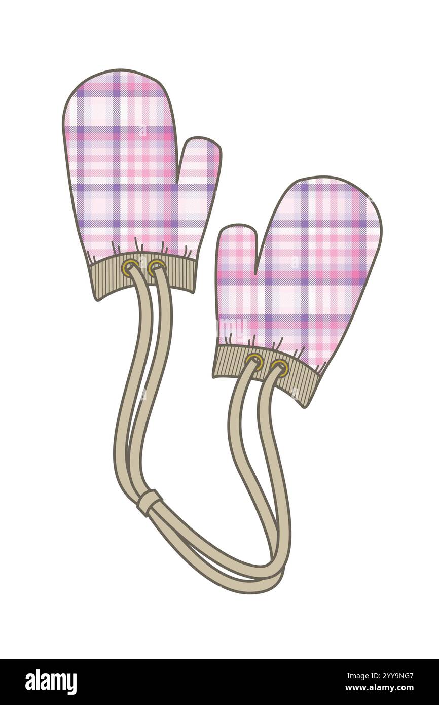 Check fabric mittens technical line drawing vector mockup template ...