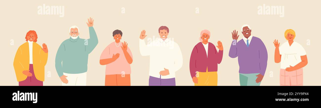 Elderly smiling men and women with hello gestures. Welcome greeting ...