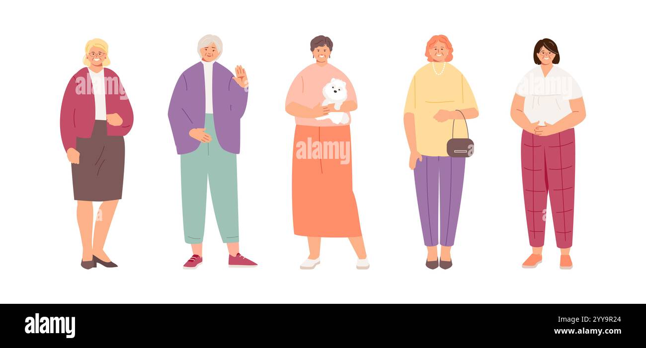 Elderly modern happy women in full growth. Mature age and pensioners ...