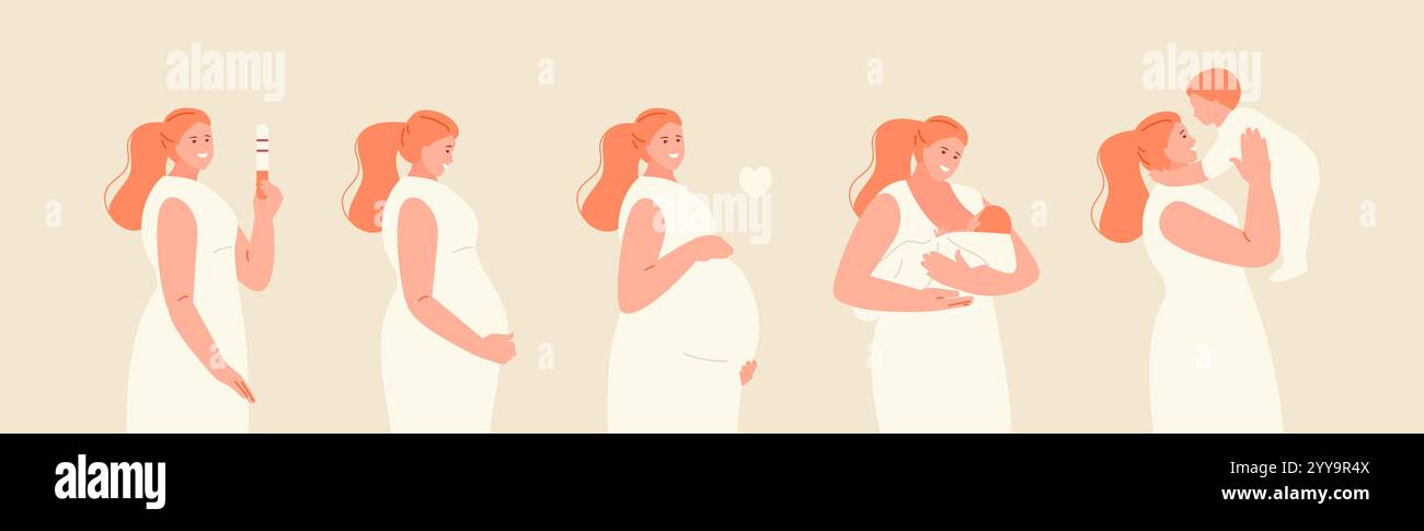 Young Woman becoming a mother from conception to childbirth steps ...