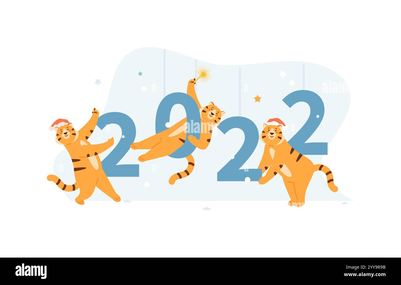 Happy celebrating tigers are a symbol of the 2022 New year. The Chinese ...
