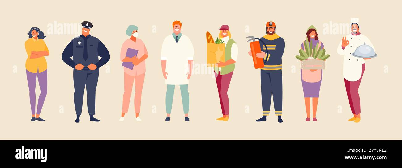 Current and important professions people group. Police officer, fireman ...