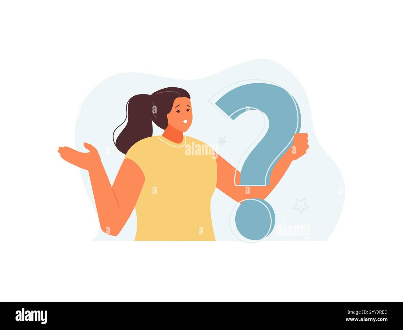 Puzzled girl with a question mark. Search for solutions and idea ...
