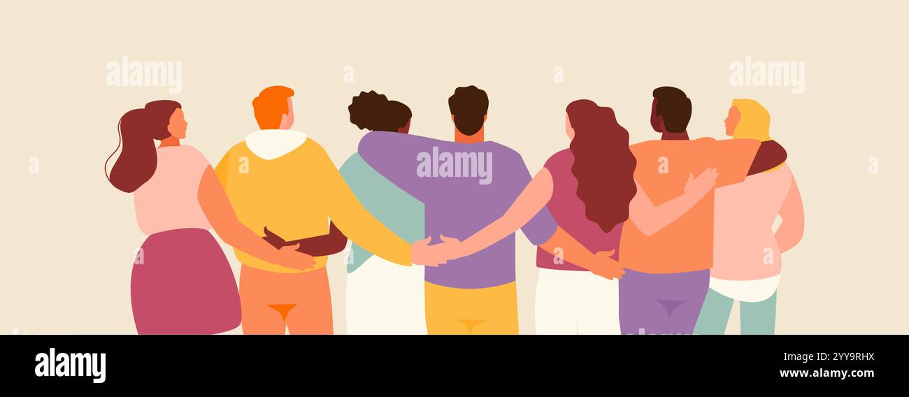 Group of hugging friends rear view. Friendship and support vector ...