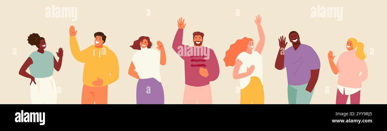 Group of friendly people talking hello. Welcome gestures welcome vector ...